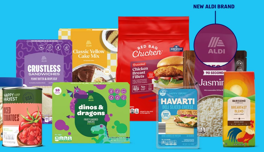 Aldi puts its own brand name on private label packaging for the first ...